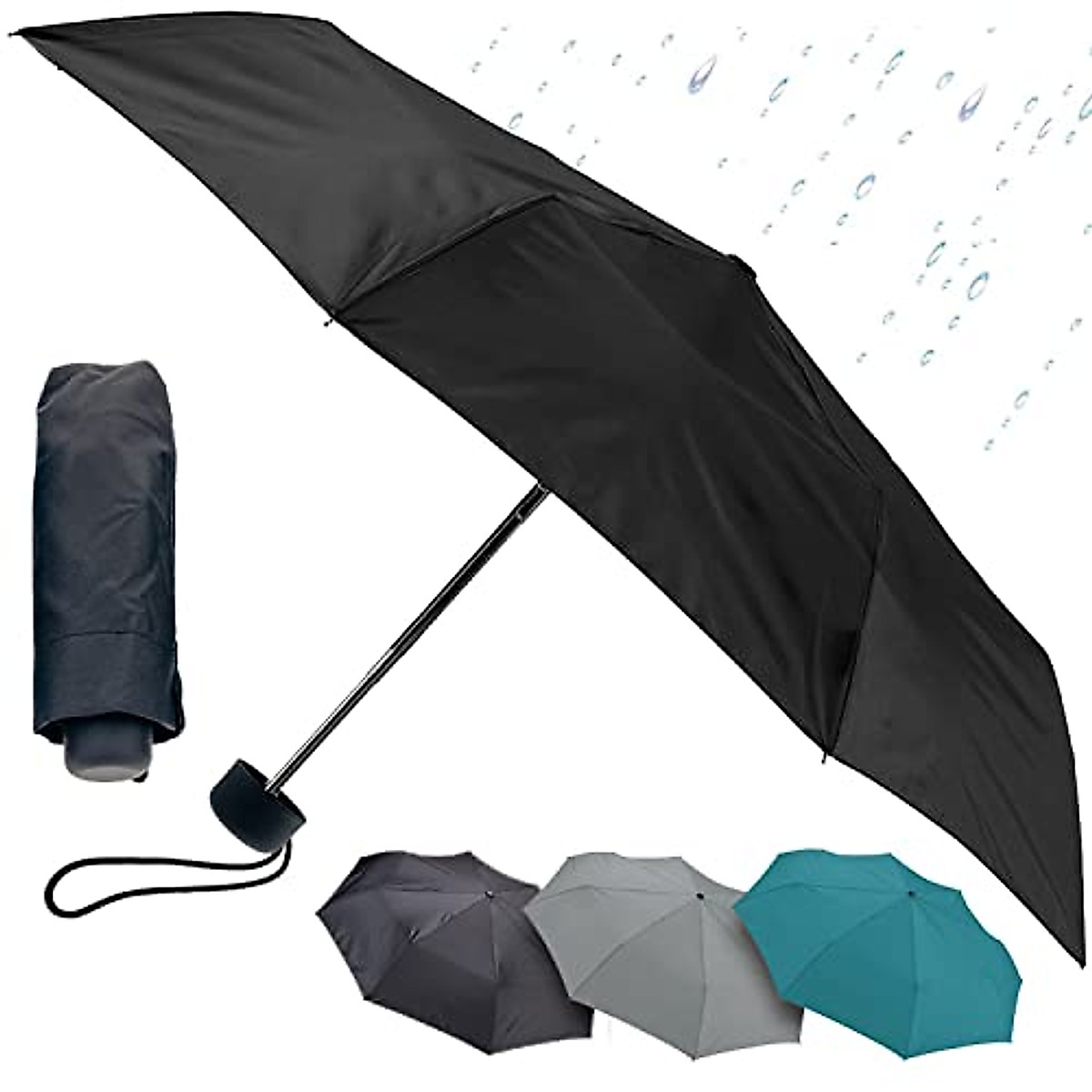 Lewis N. Clark Portable Mini Travel Umbrella, Windproof & Water Repellent Fabric, Manual Opening, 1 Year Warranty, Black