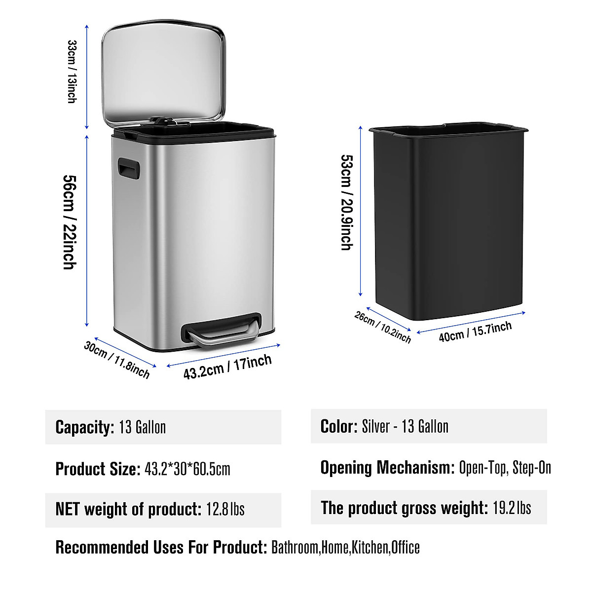 pouseayar 13 Gallon Stainless Steel Foot Pedal Trash Can with Soft Close Quiet Lid, Stainless-Steel Thickened Body Rectangular Garbage Can for Commercial/Kitchen/Home/Office Etc - Silver