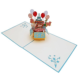 iGifts And Cards Happy 75th Blue Birthday Party Box 3D Pop Up Greeting Card – Seventy-Five, Awesome, Balloons, Unique, Celebration, Feliz Cumpleaños, Fun, Mom, Dad