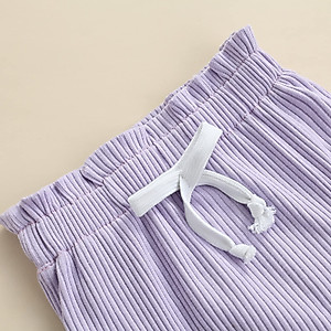 Toddler Baby Girl Summer Short Clothes Ribbed Ruffle Sleeve Tops+Elastic Drawstring Short Pants Two Piece Solid Outfit Set (A-Purple, 12-18 Months)