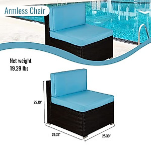 HomSof 6-Piece PE Rattan Wicker Sectional Cushioned Sofa Sets with 1 Red Pillow, Blue + Brown