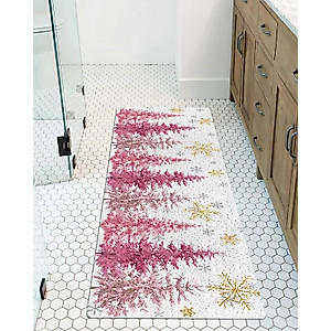 Shower Mat Non Slip Bathtub Mat Pink Christmas Xmas Tree Golden Snowflake Bath Mat Soft Loofah Shower Mats for Shower Tub Bathroom Quick Drying Foot Mat, 16x36 Inch