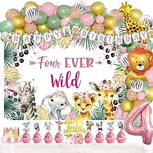 Fiesec Four Ever Wild Birthday Decorations Girl, Jungle Safari Animal Theme 4th Party Decorations Backdrop Balloons Garland Banner Cake Cupcake Topper Poster Crown Lion Cheetah Giraffe Pink 117 PCs