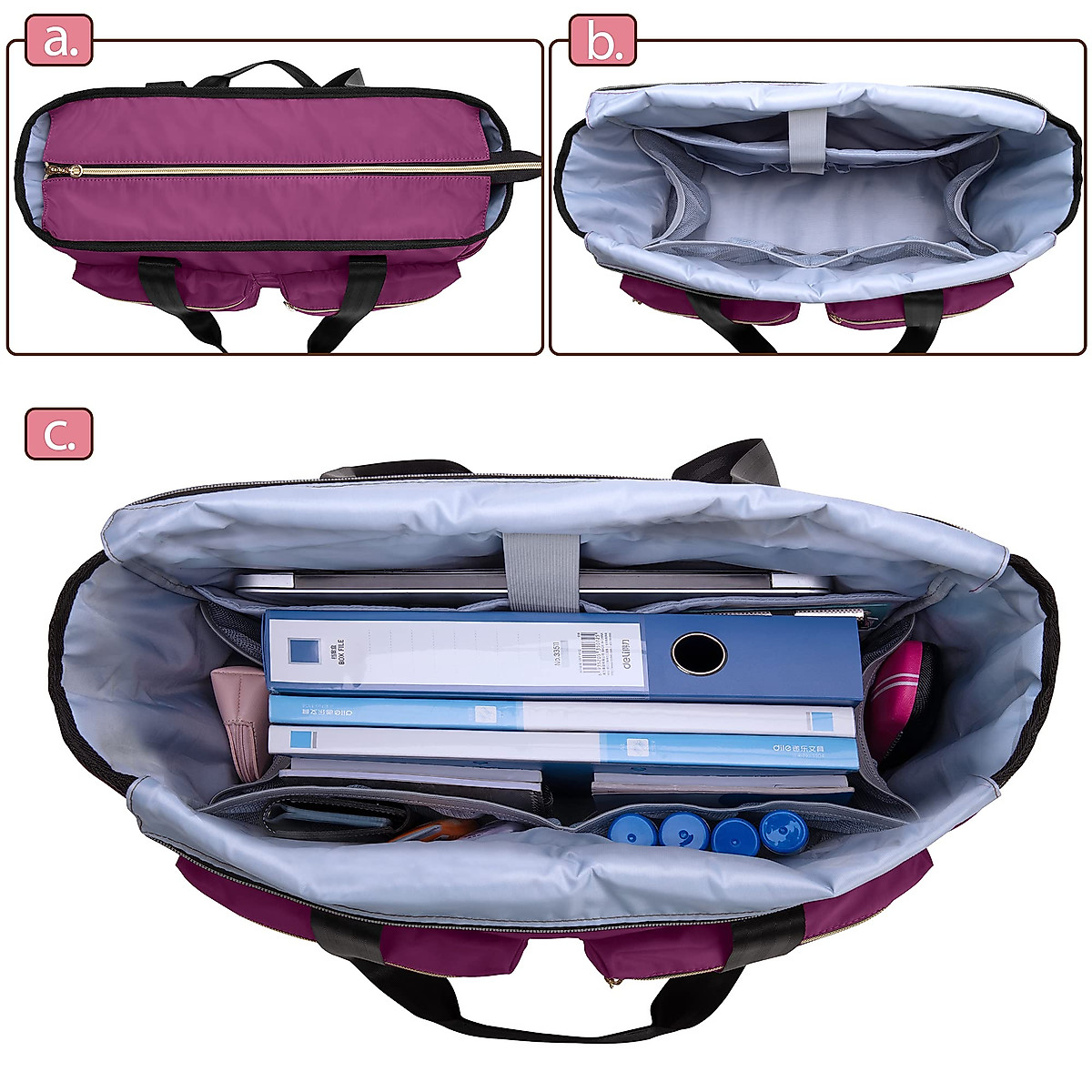 Damero Teacher Tote Bag, Teacher Utility Tote Bag with Zip Top and Padded Sleeve for up to 15.6’’ Laptop for Work, Office, Business, Purple(Upgraded)