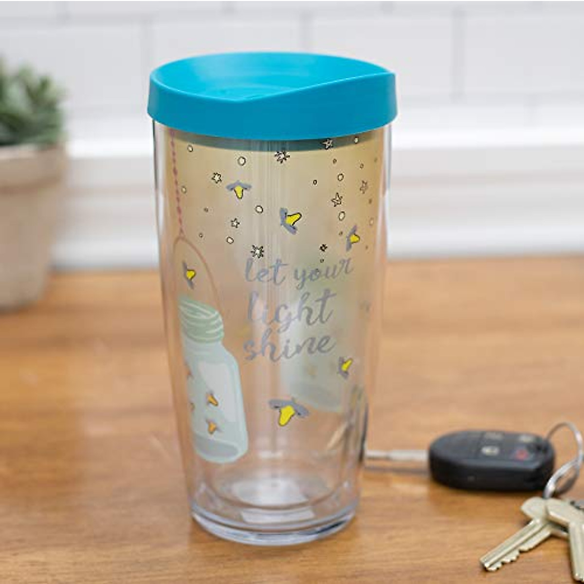 Signature Tumblers Let Your Light Shine Firefly Wrap on Clear 16 Ounce Double-Walled Travel Tumbler Mug with Turquoise Easy Sip Lid
