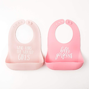 Bella Tunno Wonder Bib 2pk - Adjustable Silicone Baby Bibs for Girls & Boys, Durable and Waterproof BPA Free Silicone, Run The World & Hello Gorgeous