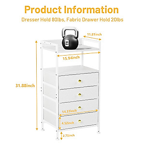 GipGiper White Nightstand with Charging Station, LED Nightstand with 4 Fabric Storage Drawers, Small Dresser for Bedroom, Entryway, Hallway, College Dorm Furniture Tall Nightstand Bedside End Table
