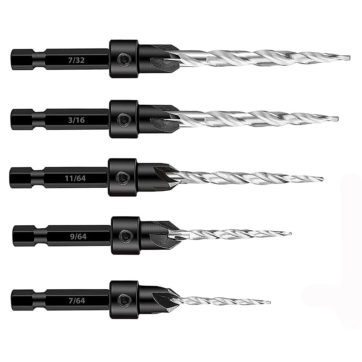 Eyech 5pc Wood Countersink Drill Bit Set Taper Drill Countersink Set 1/4" Hex Shank for Woodworking 7/64 9/64 11/64 3/16 7/32