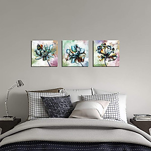 KLVOS Flower Canvas Wall Art for Bedroom Watercolor Rose Dahlia Lotus Floral Paintings Pictures for Living Room Bathroom Wall Decor Framed Prints Artwork Stretched Easy to Hang 12x12inchx3pcs