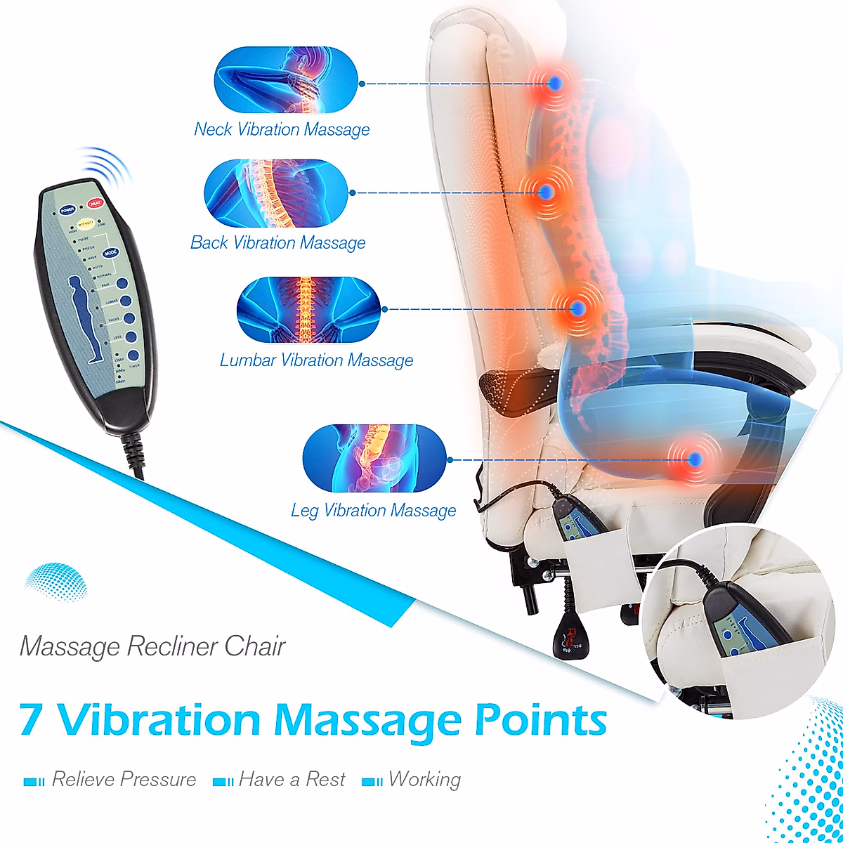 YODOLLA Executive Office Chair with 7 Points Massage&Heat Function, High Back Office Chair w/Footrest Reclining Swivel Home Office Chair, PU Leather Desk Chair, White