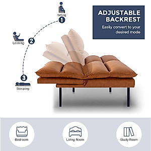 IULULU Futon Sofa Bed, 71 Inch 3-Seater Faux Leather Couch, Convertible Armless Sleeper with Adjustable Backrest for Small Space, Tan