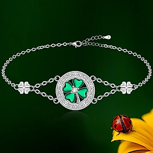Four Leaf Clover Bracelet for Women St Patricks Day Shamrock Bracelets Sterling Silver Celtic Knot Irish Green Clover Jewelry Charm Lucky Gifts