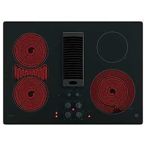 GE PP9830DJBB Profile Series Electric Cooktop with 4 Burners and 3-Speed Downdraft Exhaust System, 30", Black