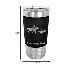 LaserGram 20oz Vacuum Insulated Tumbler Mug, Cowgirl Roping a Calf, Personalized Engraving Included (Faux Leather, Black)