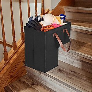 WUWEOT L-shaped Stair Basket, Foldable Stair Step Basket Organizer, 16" Large Capacity Staircase Storage Bin with Leather Handles and Internal Support for Carpeted Stairs and Wooden Stairs