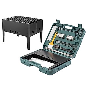 All-in-One Portable Folding BBQ Grill Set for Family Picnic - Food-Grade Material, Thickened Grill Net, Large Carbon Tank Capacity