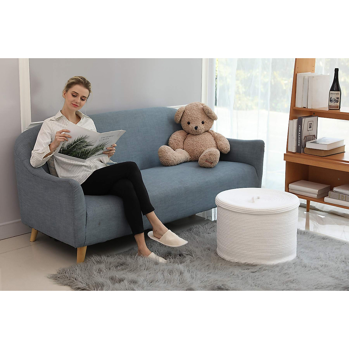 20" x 20" x 15" Extra Large Storage Basket with Lid, Cotton Rope Storage Baskets, Laundry Hamper, Toy Bin, for Toys Blankets Pillows Storage in Living Room Baby Nursery, Full White Basket with Cover