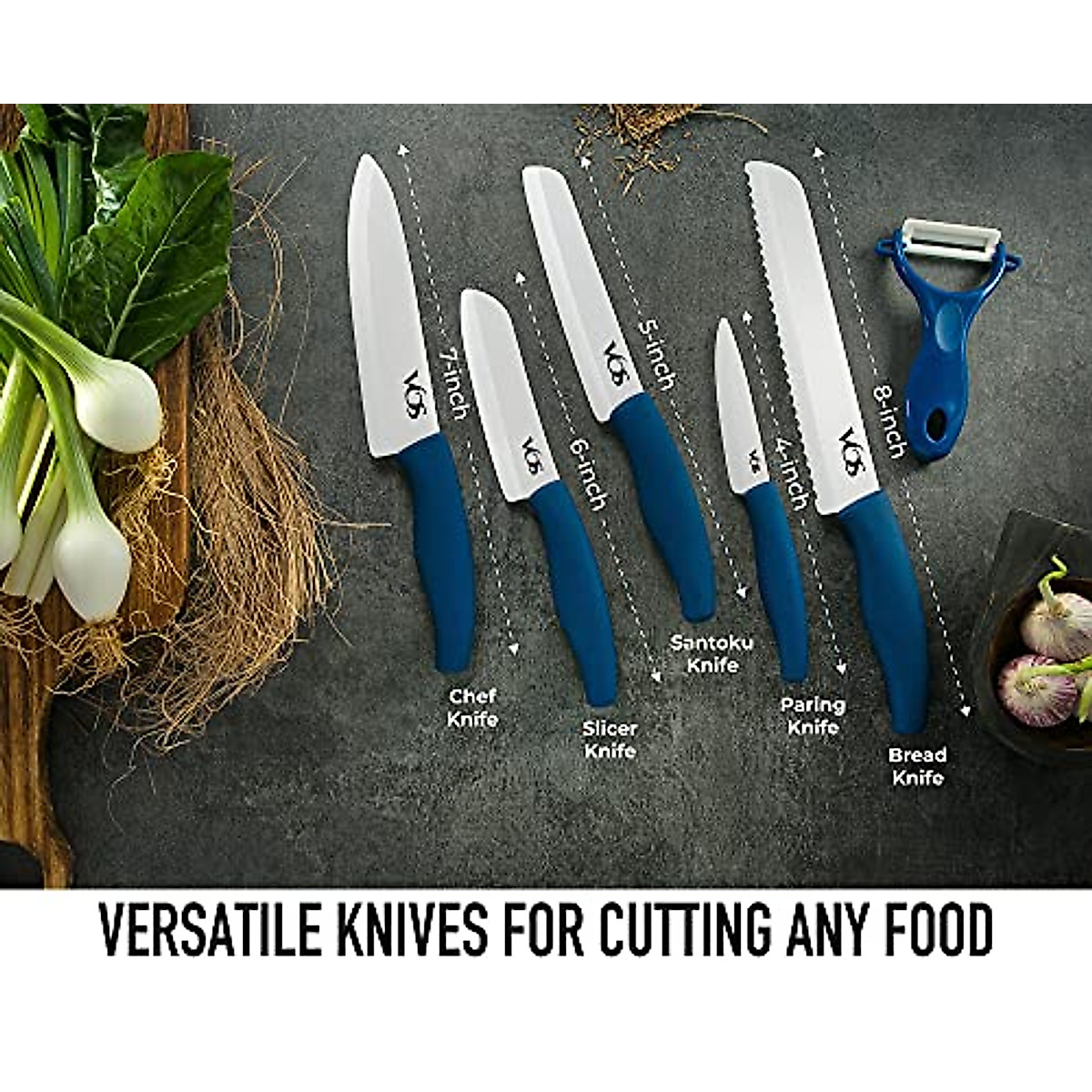 Vos Ceramic Knife Set, Ceramic Knives Set For Kitchen, Ceramic Kitchen Knives With Peeler, Ceramic Paring Knife 4", 5", 6", 7", 8" Inch Blue
