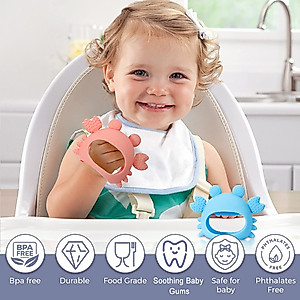 Never Drop Teething Toys for Babies, Baby Mitten Silicone Teether for Soothing Teething Pain Relief, Baby Chew Toys for Sucking Needs (Crab Blue)