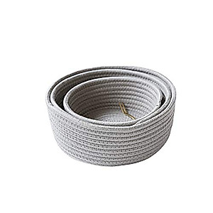 BQEE Cotton Rope Handmade Woven Home Storage Household Candy Toys Storage Basket Sundries Collection Box Candy Snack Food Tray SML Pack of 3 (Round, Grey)