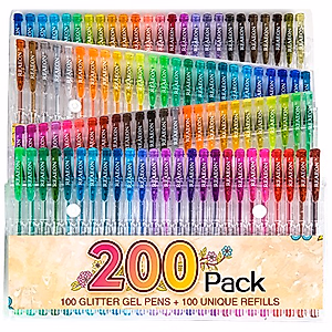 200 Glitter Gel Pen Set, 100 Gel Pens plus 100 Refills Glitter Neon Pen for Coloring Books, Craft Doodling Drawing Bullet Journal Highlighter