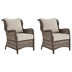 Signature Design by Ashley Clear Ridge Outdoor Handwoven Wicker Cushioned Lounge Chair 2 Count, Light Brown