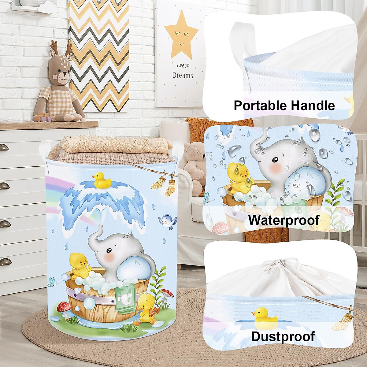 Clastyle 63L Large Shower Elephant Giraffe Kid Laundry Hamper with Handle Bathroom Clothes Pool Beach Towel Nursery Toy Storage Basket with Lid