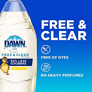 Dawn Free & Clear Dishwashing Liquid Dish Soap (3x24 oz) + Dawn Non-Scratch Scrubber Sponge (2 Count), Lemon Essence