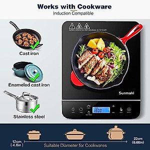 Sunmaki Portable Induction Cooktop,1800W Induction Cooker with LCD Sensor Touch, Induction Cooktop Burner Child Safety Lock & 4h Timer, 9 Power 10 Temperature Setting for cooking
