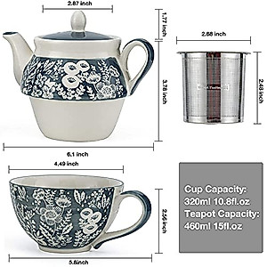 Taimei Teatime Ceramic Tea for One Set, 15 OZ Teapot with Infuser and Cup Set, Grey Teapot Set for one, Loose Leaf Tea Maker Set, Tea Set for Women, Adults Office Home Gift