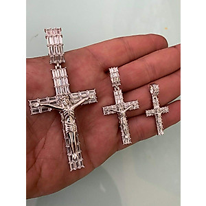 HarlemBling Real 925 Sterling Silver - Iced Baguette Cross W. Jesus Pendant - 3 Sizes Great For Any Necklace 1-2.5" (Medium 1.5")