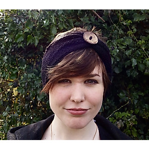 Handmade Black Knitted Wool Headband Ear Muffs with Coconut Button