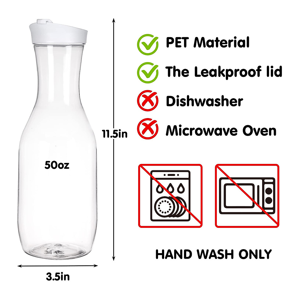 Tomnk 50oz Plastic Pitcher with Lid, Round Carafe Pitcher for Water, Cold Tea, Juice, Milk, Cold Brew, Mimosa Bar and Other Drinks, 2 Pack