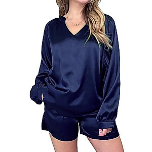 Ekouaer Womens Satin Silk Pajamas Set Comfortable V Neck Long Sleeve Shorts Sleepwear Set Pjs Loungewear Navy Medium