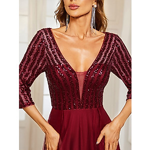 Ever-Pretty Women's High Low A-Line Sequin 3/4 Sleeve Tulle Evening Party Dress Burgundy US4