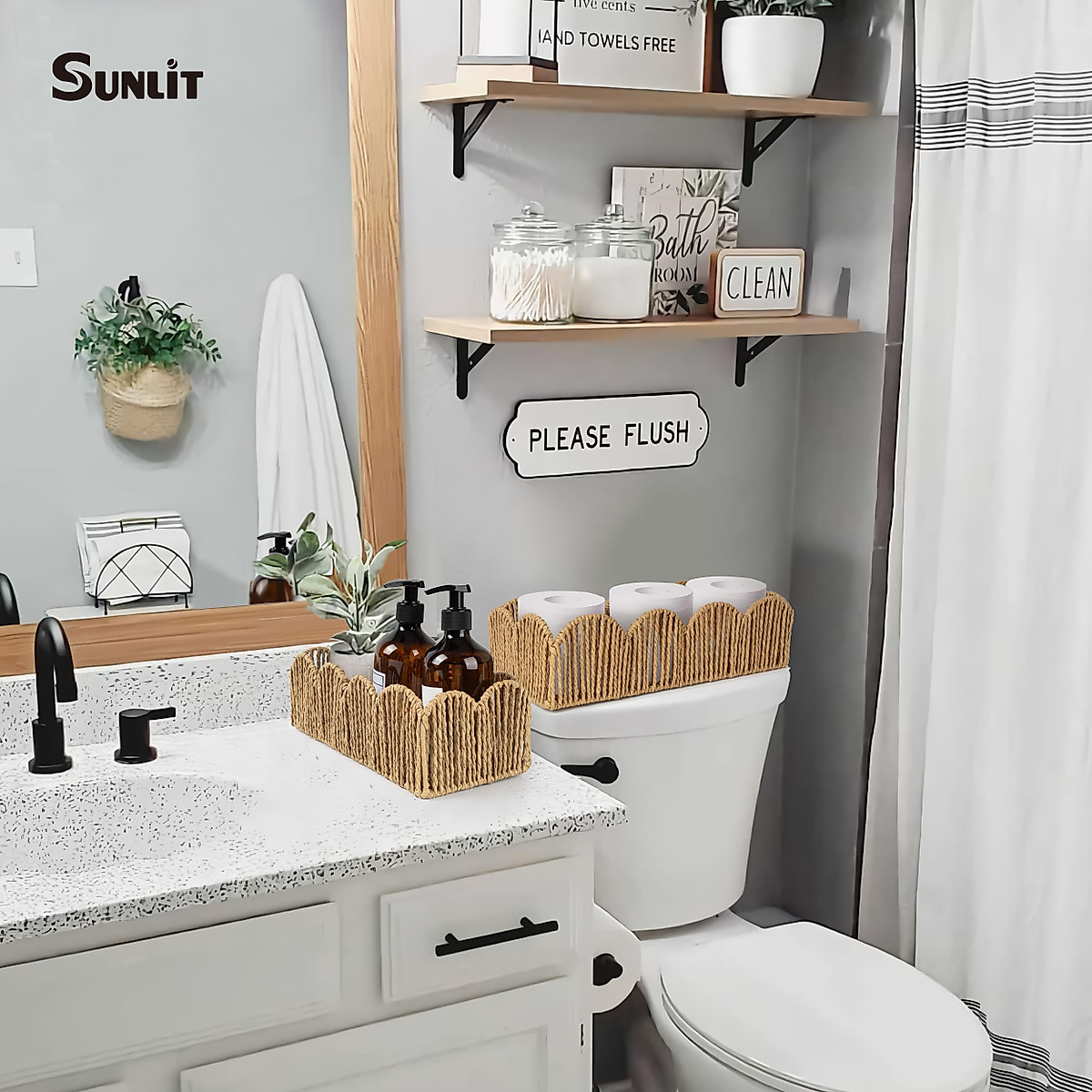 Sunlit Natural Fibre Farmhouse Storage Baskets, Hand Woven Bathroom Storage Boxes, Boho Toilet Paper Tank Basket, Decorative Storage Bins for Countertop, Bathroom Organizer Set of 2, Wavy, Natural