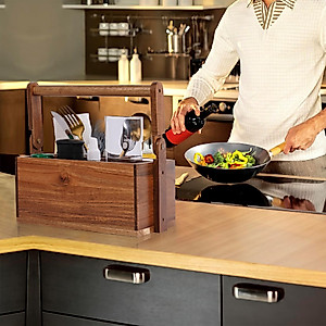 Mowsug Acacia Wood Silverware Caddy with Handle| Wooden Utensil Holder and Organizer with 4 Compartments| Cutlery Caddy Utensil holder for countertop| Ideal for Parties, Picnics, Outdoor Camping