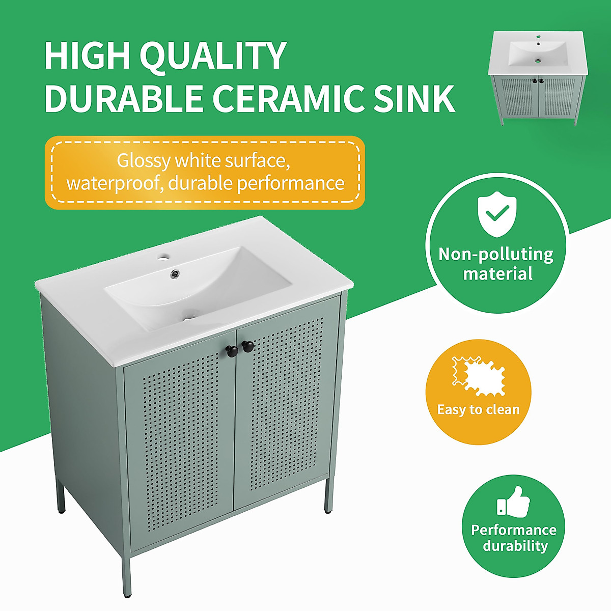San Merah 30 Inch Bathroom Vanity with Sink Combo,Floor-Mounted Bathroom Vanity with Soft Close Doors&Adjustable Shelf,Modern Freestanding Bathroom Vanity with Top Basin & Storage Cabinet,Green