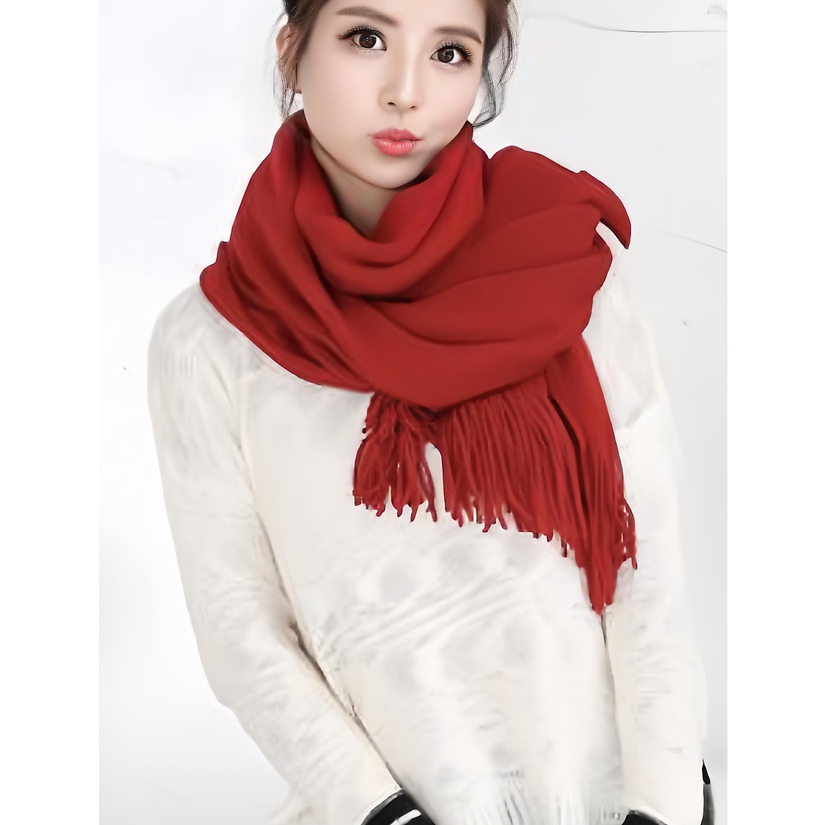Wander Agio Women's Wraps Warm Long Scarves Winter Scarfs Pure Color Scarf Tassel Wine Red