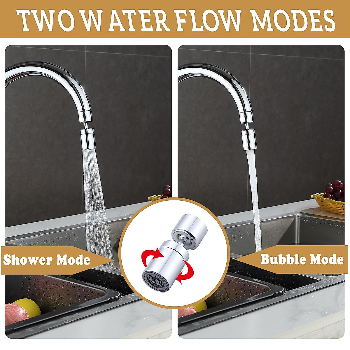 SNUTUYA Brass Swivel Faucet Aerator, Dual-function Sink Aerator ，Extra Big large Angle Rotary Faucet Aerator, 360 Degree Swivel Faucet Extender for Kitchen 55/64 inch Female Thread,Splash-Proof