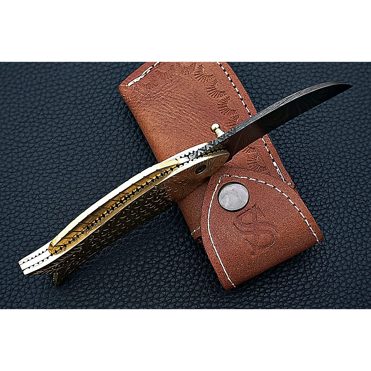 Smart & Sharp Custom Handmade Damascus Steel Fish Knife/Folding Knife/Pocket Knife SS-17370(Brass Engraved Handle) (brass)