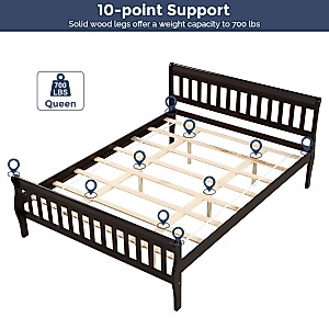 IULULU Queen Bed Frame, Solid Wood Platform Bed Frame with Headboard & Footboard, Queen Size Mattress Foundation with Wooden Slats Support, Easy Assembly, No Box Spring Needed, Espresso
