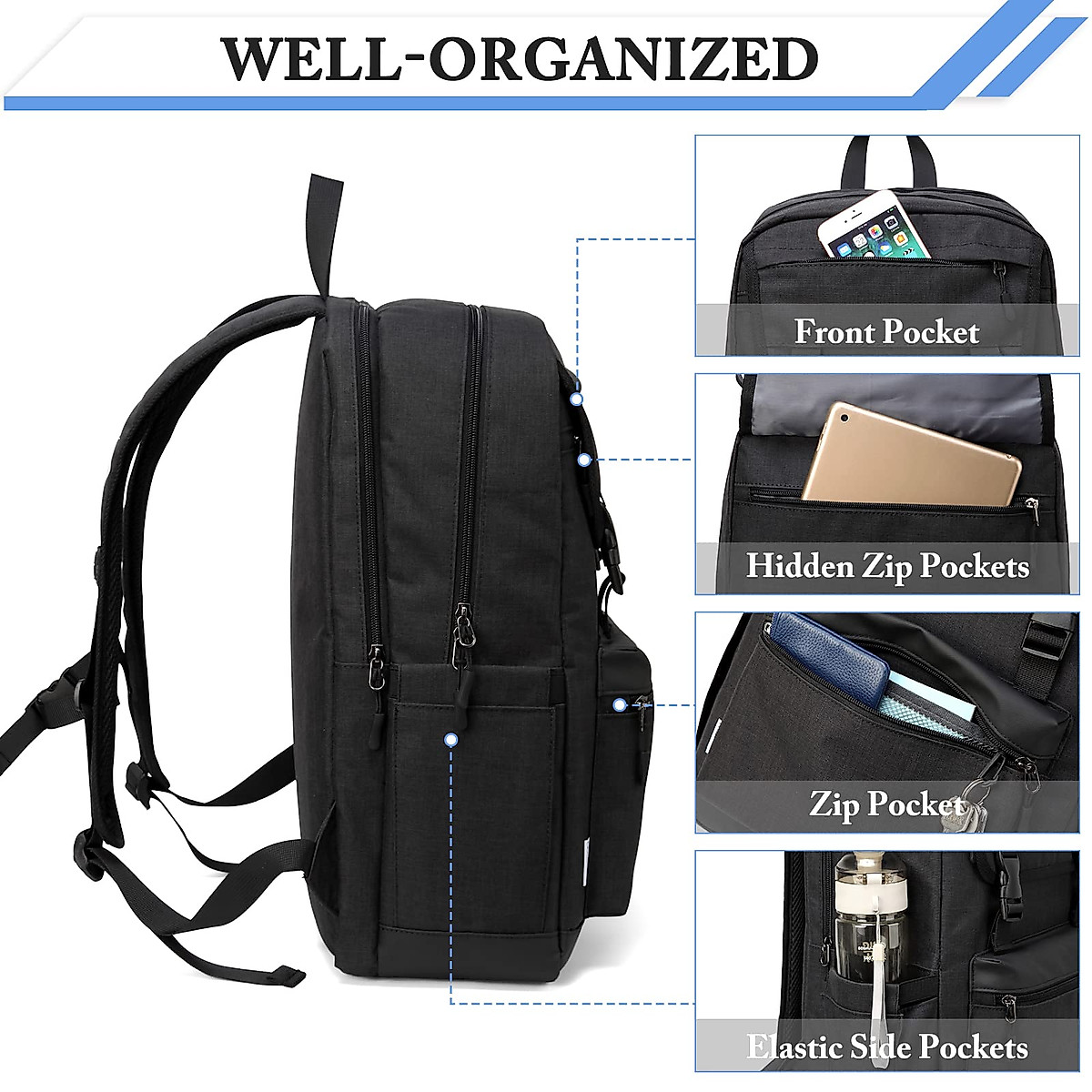 Laptop Backpack Mens, ChaseChic Large Anti Theft Travel Backpack, Waterproof School Rucksack Bag fit 15.6" Laptop (Black)