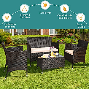 Toolsempire 4 Pieces Patio Sofa Set, Wicker Conversation Set with Ergonomic Curved Backrest, Patio Rattan Furniture Set with Water-Resistant Cushion & Tempered Glass Table for Balcony, Porch (Brown)