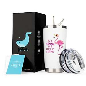 JENVIO Flamingo Gifts for Women | Large 20 Ounce White Wine/Coffee Stainless Steel Tumbler/Mug with Lid | Unique Inspirational Encouragement Pink Design Funny Cup Valentine's Day Gift