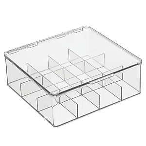 mDesign Plastic Tea Bag Divided Storage Organizer Container Box with Hinge Lid for Kitchen Cabinet, Countertop, Pantry, Hold Coffee Pods, Seasoning Packets, Condiments, 8 Sections, Clear