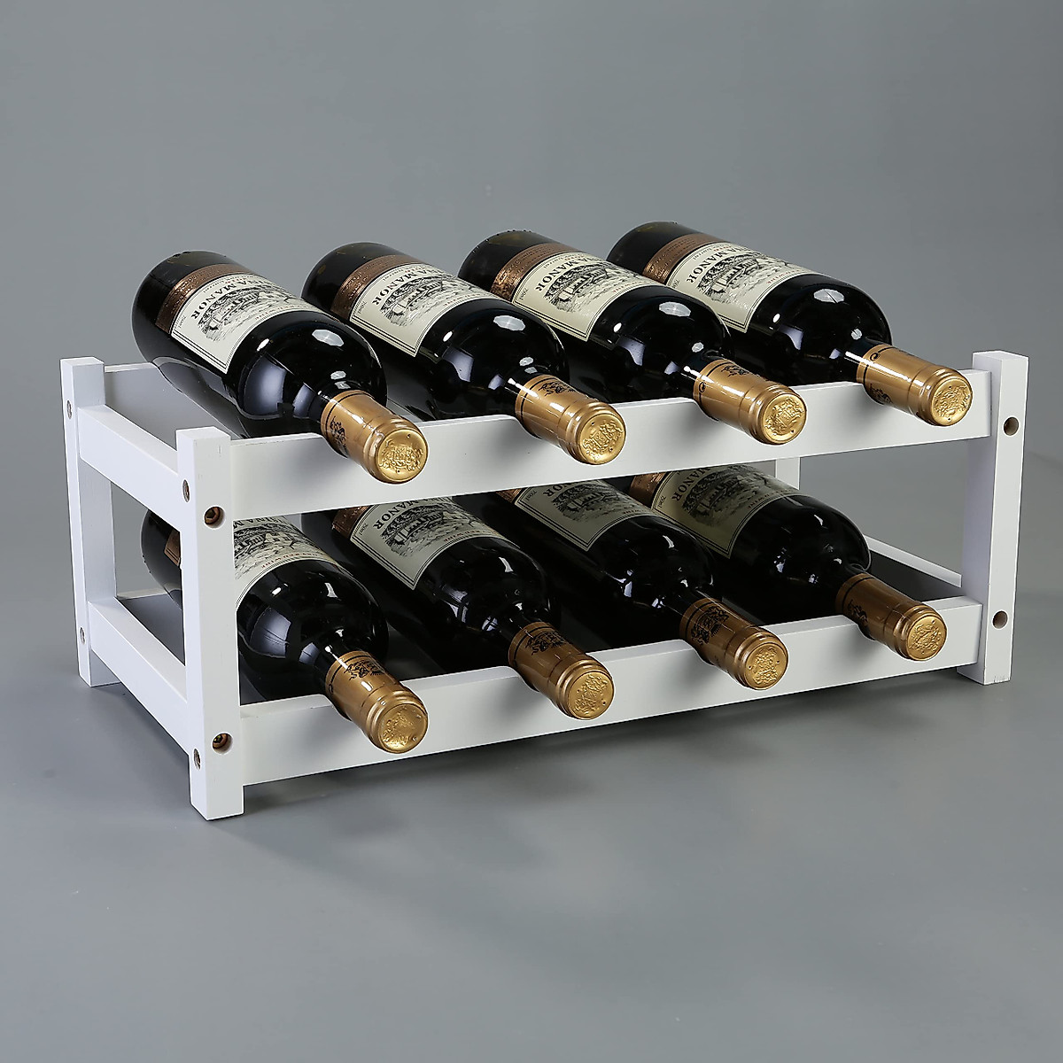 Kework 8 Bottles Wine Rack, 2 Tier Bamboo Wine Display Rack, Tabletop Wine Rack, Desktop Countertop Free Standing Wine Storage Shelf (8-Bottle & White)