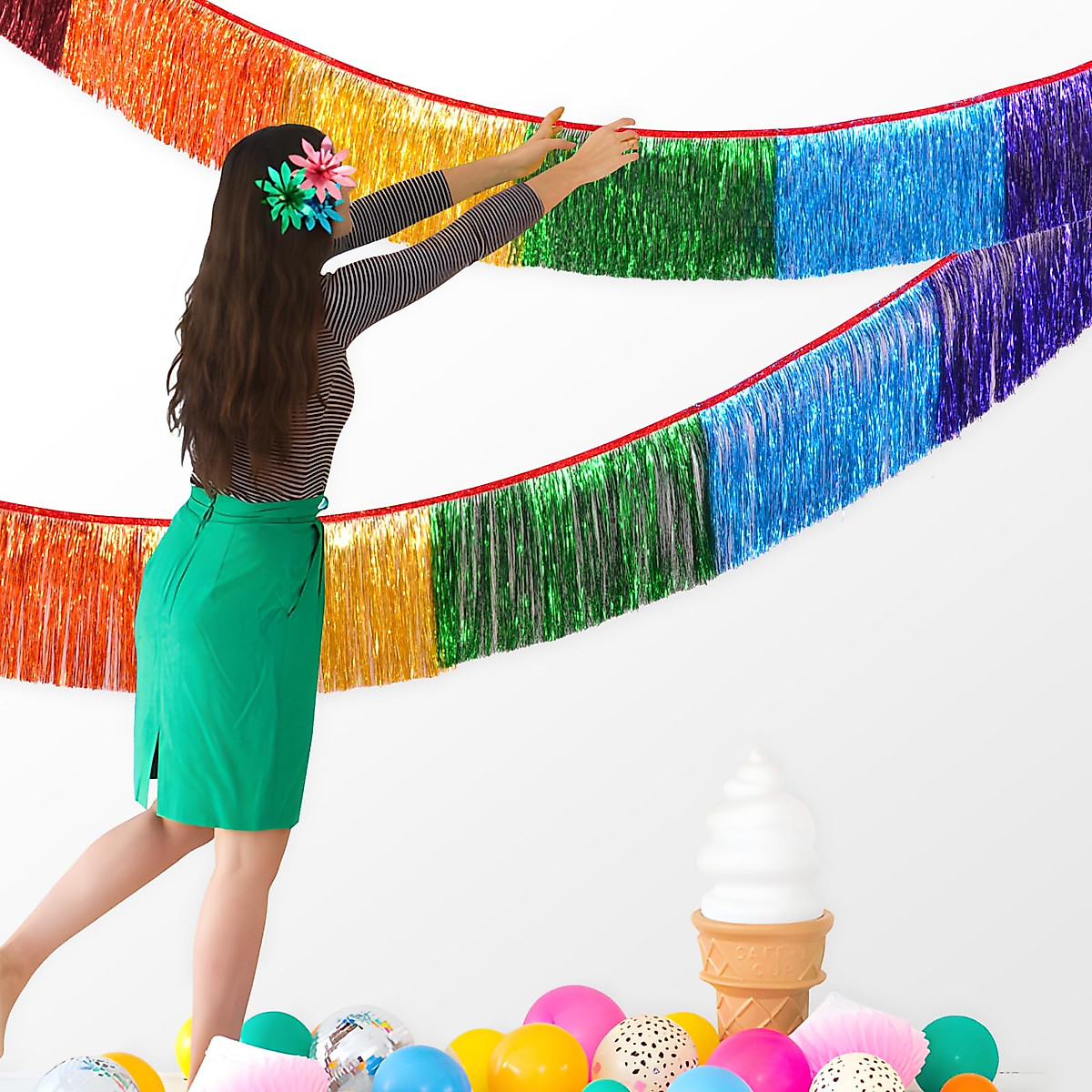 LOLStar Rainbow Foil Fringe Garland Party Decorations, 6 Feet Rainbow Tinsel Metallic Glitter Banner, Hanging Rainbow Table Skirts for Birthday Wedding Christmas Pride Month Parade Floats Decor