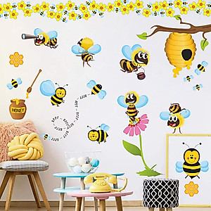 RW-1061 3D Bee Wall Decals Bee Flowers Wall Stickers Cartoon Animals Stickers DIY Removable Animals Tree Branch Wall Art Decor for Kids Babys Nursery Bedroom Living Room Playroom Classroom Decoration