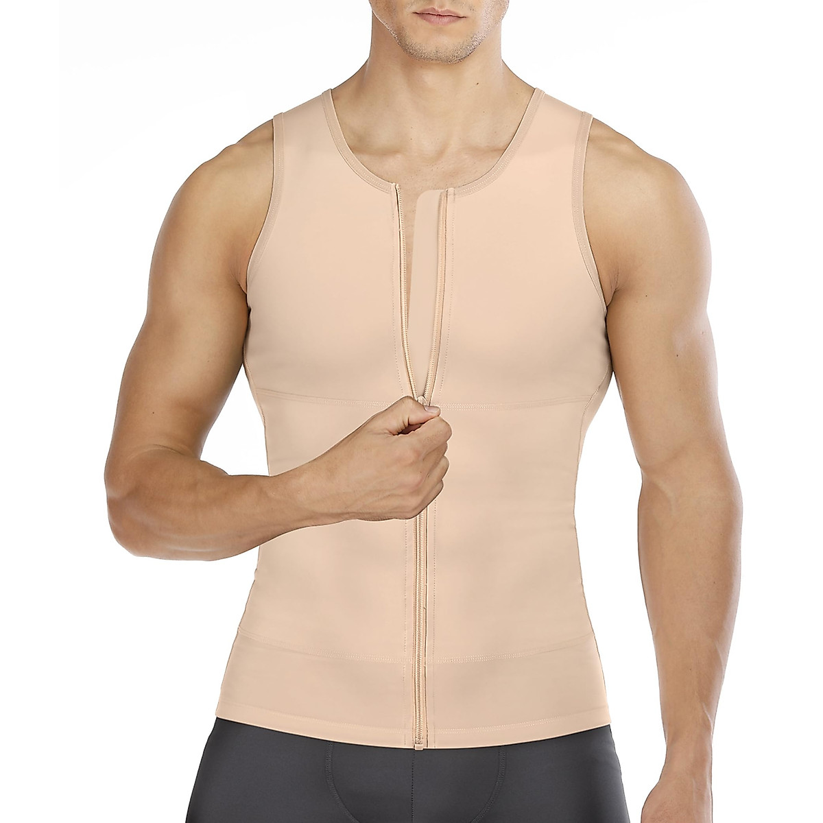 Wonderience Compression Shirts for Men Undershirts Slimming Body Shaper Waist Trainer Tank Top Vest with Zipper (Beige, XXX-Large)
